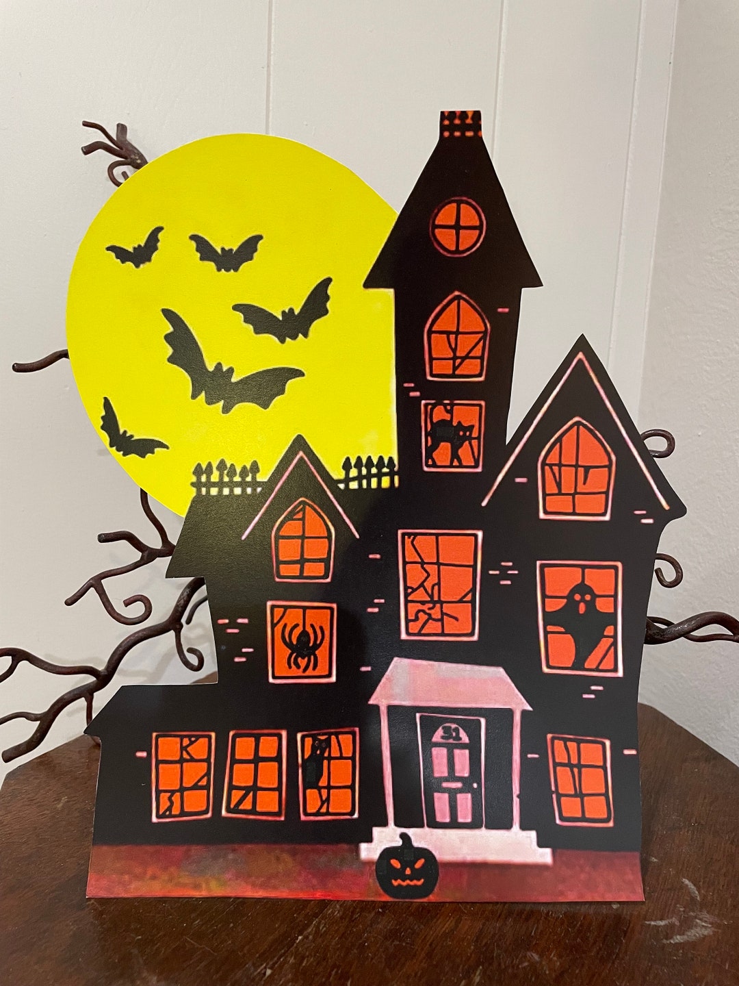 Sizes up to 13" Vintage Style Haunted Houses Glowing Windows, Moon Bats ...