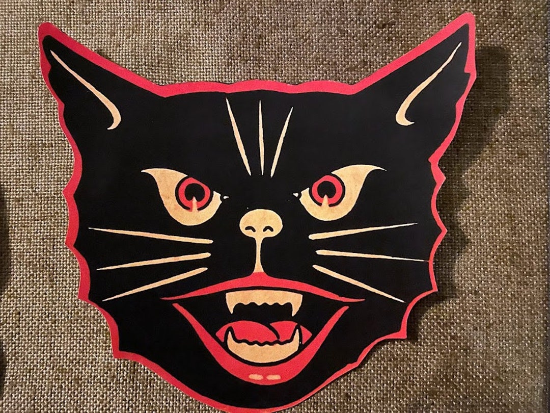 Sizes up to 10" Vintage Style Choice of Black Red Cat Face With Fangs ...