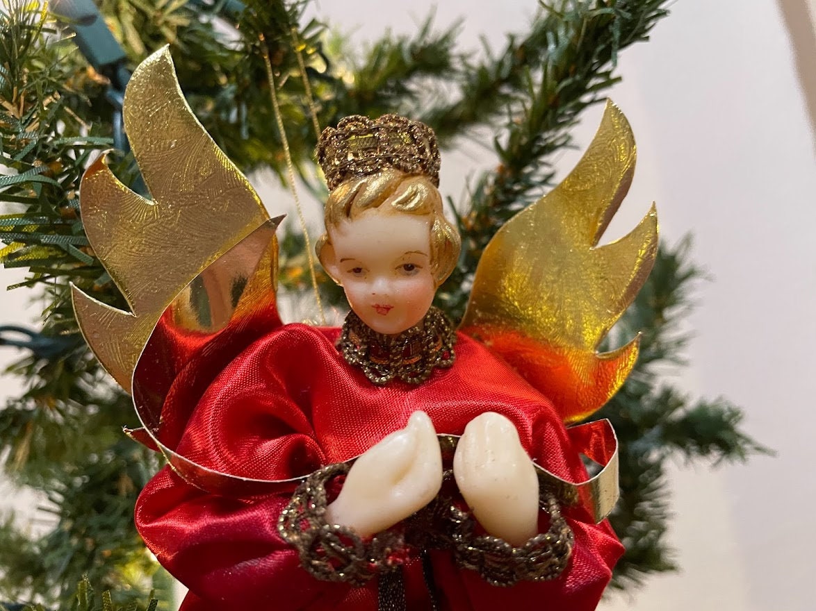 Antique Vintage German Wax Angel Holding Banner Figure, Ornament Satin ...