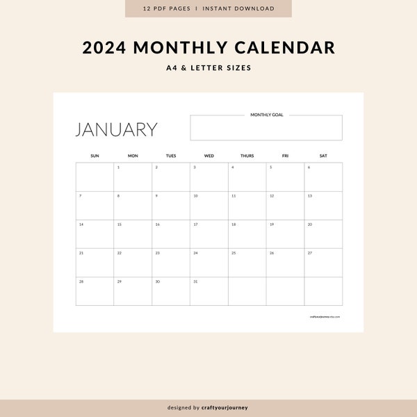 Printable 2024 Monthly Calendar - Etsy