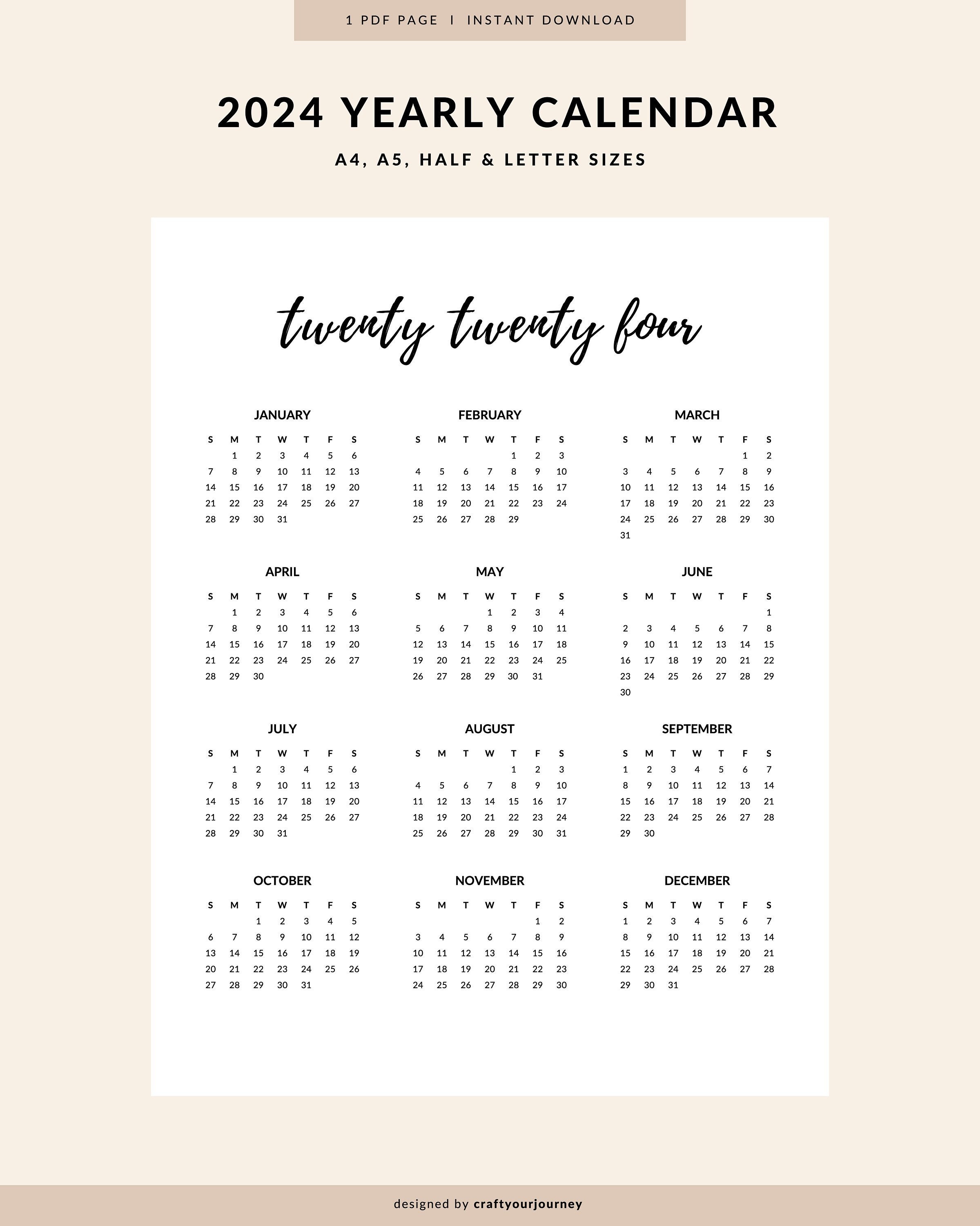 2024 Yearly Calendar Printable Planner 2024 12 Month Overview Instant ...