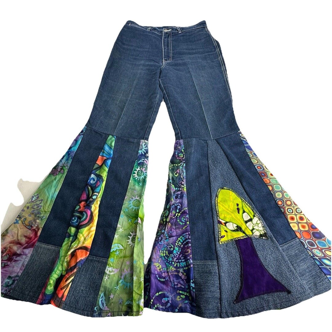 Vintage Gitano Patchwork Wide Leg Bell Bottom Tie Dye Mushroom Jeans ...