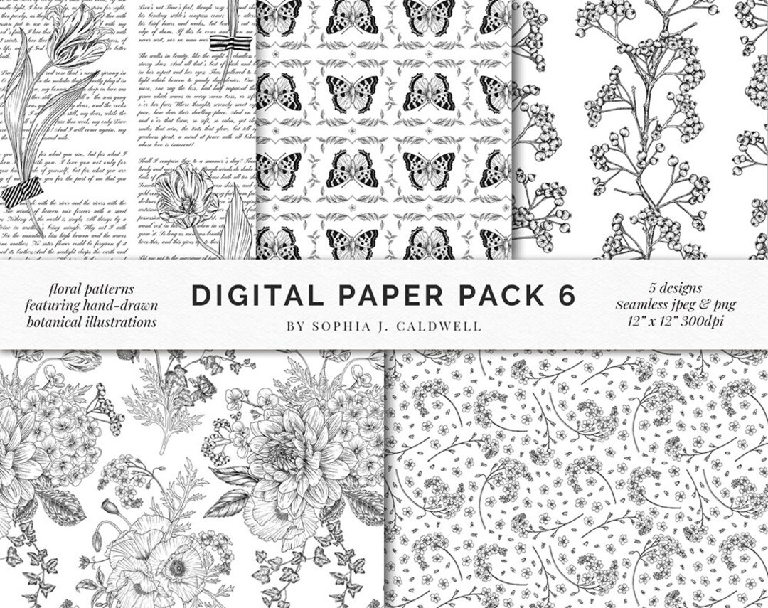 Floral Botanical Digital Paper Pack, Line Art Drawings, Pattern Overlay ...