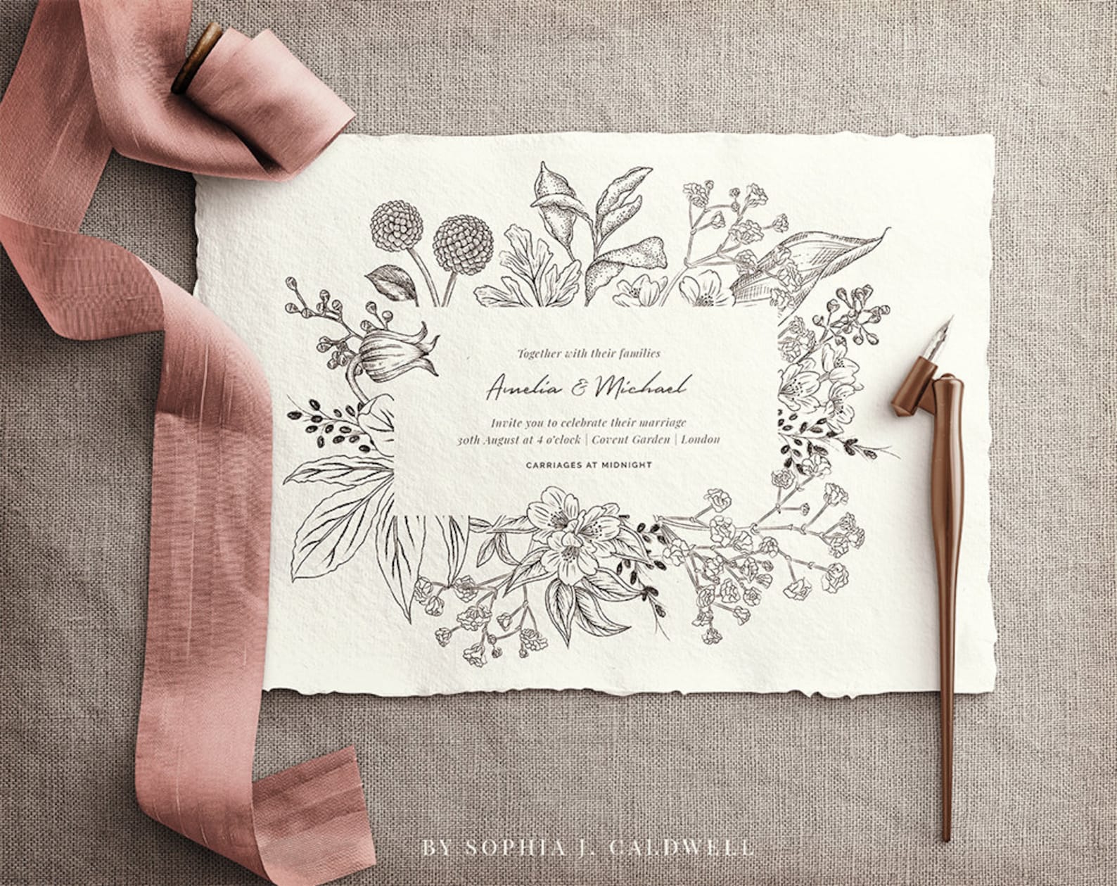 Floral Digital Border Frame, Black and White Hand Drawn Flower PNG ...