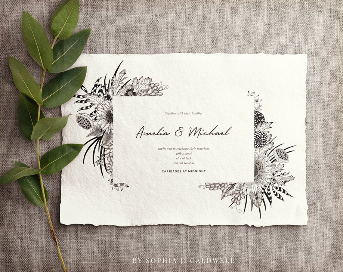 Floral Digital Border Frame Sunflower Daisy Black and White - Etsy