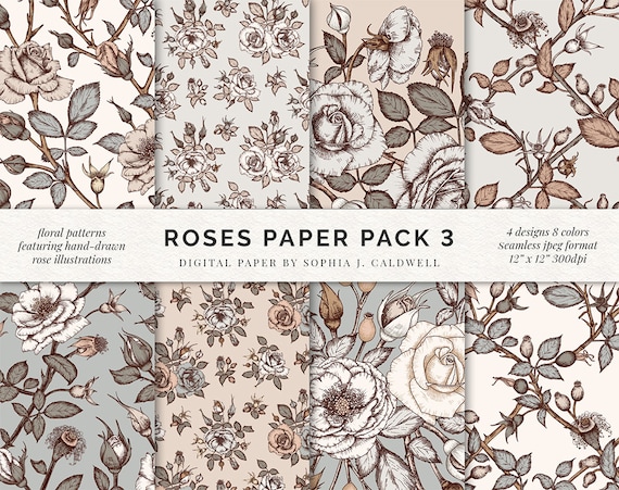 Rose Digital Paper Bundle Floral Pattern Clipart Vintage - Etsy