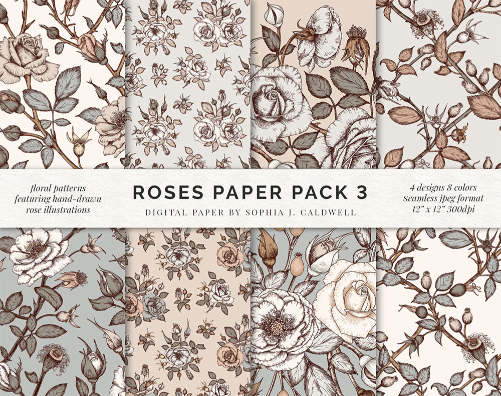 Rose Digital Paper Bundle Floral Pattern Clipart Vintage - Etsy