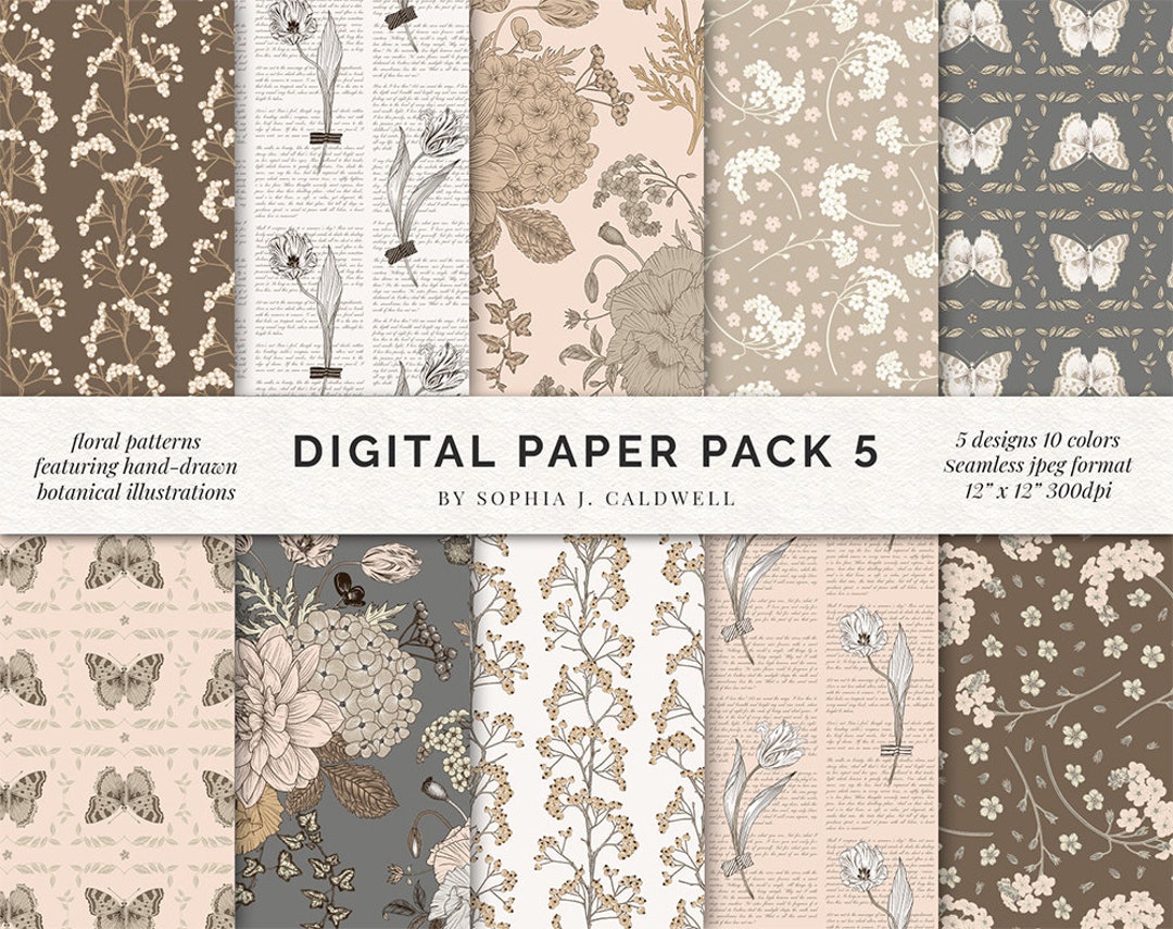 Shabby Chic Digital Paper Pack, Floral Botanical Seamless Background ...