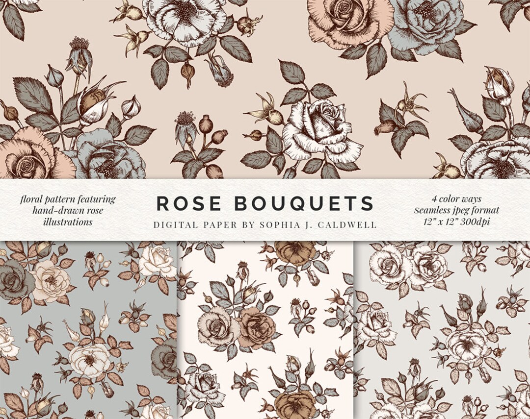 Digital Rose Paper Seamless, Vintage Style Ditsy Floral Pattern, Pastel ...