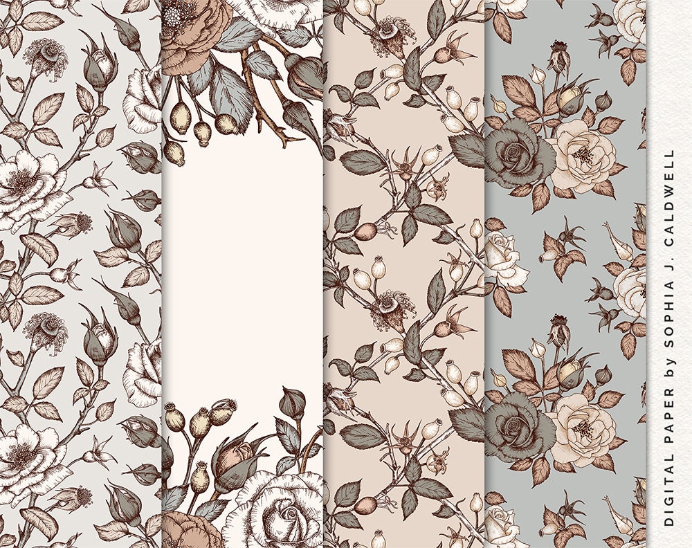 Rose Digital Paper Bundle, Floral Pattern Clipart, Vintage Shabby Chic ...