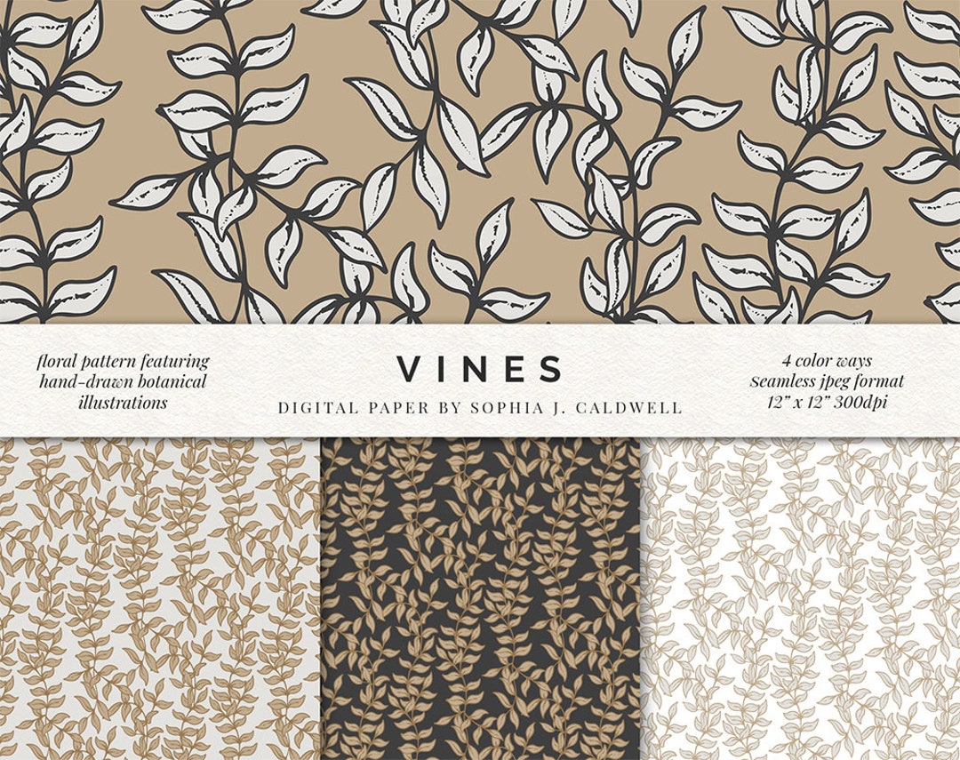 Vines Digital Paper, Leaves Pattern, Fall Digital Background, Seamless ...