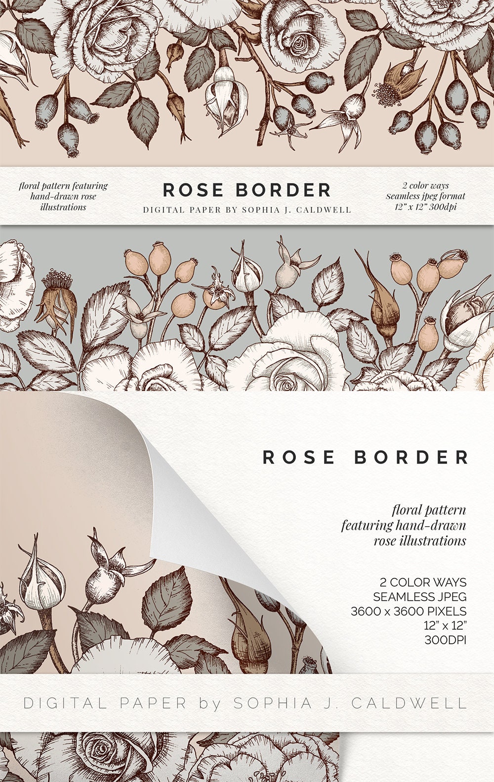 Rose Digital Paper Bundle Floral Pattern Clipart Vintage - Etsy