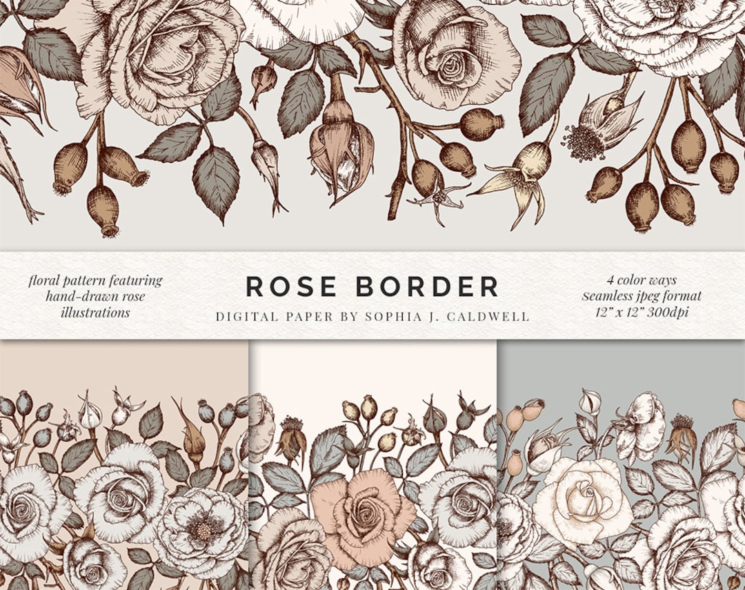 Rose Border Pattern, Shabby Chic Digital Paper, Floral Background ...