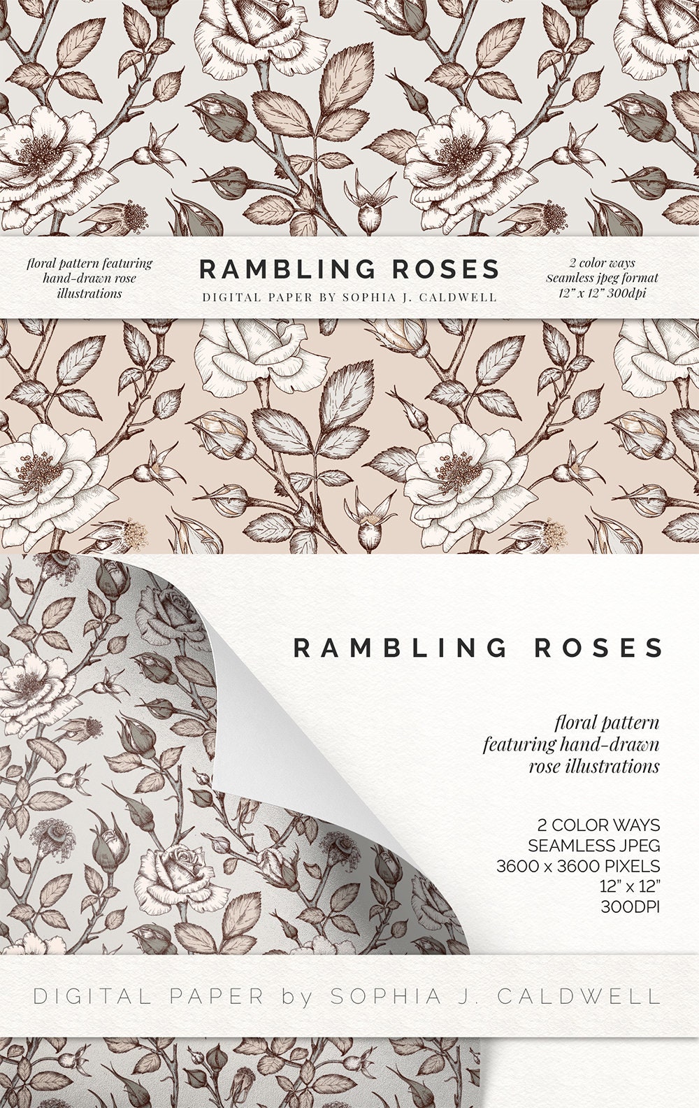 Rose Digital Paper Bundle Floral Pattern Clipart Vintage | Etsy