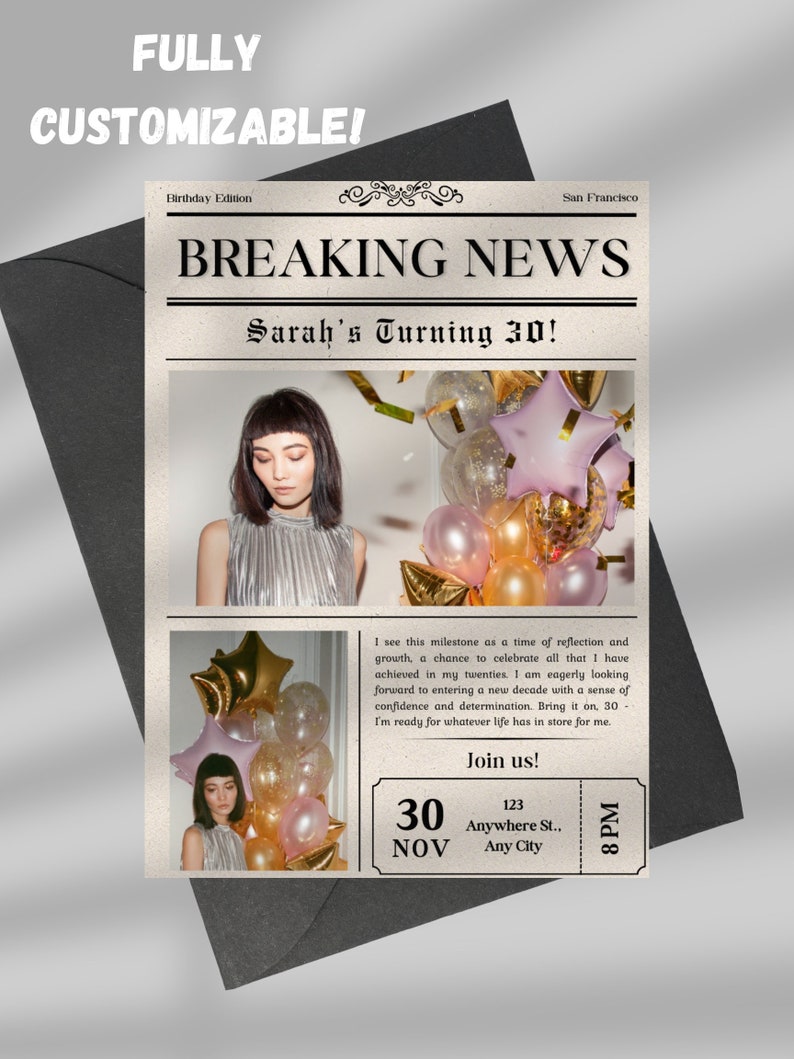 Editable Newspaper Birthday Invite Template Breaking News 30th Birthday ...