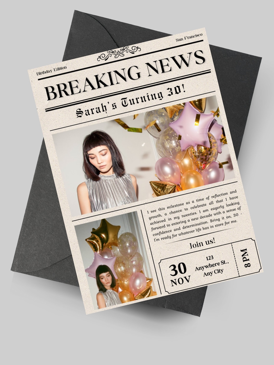 Editable Newspaper Birthday Invite Template Breaking News 30th Birthday ...