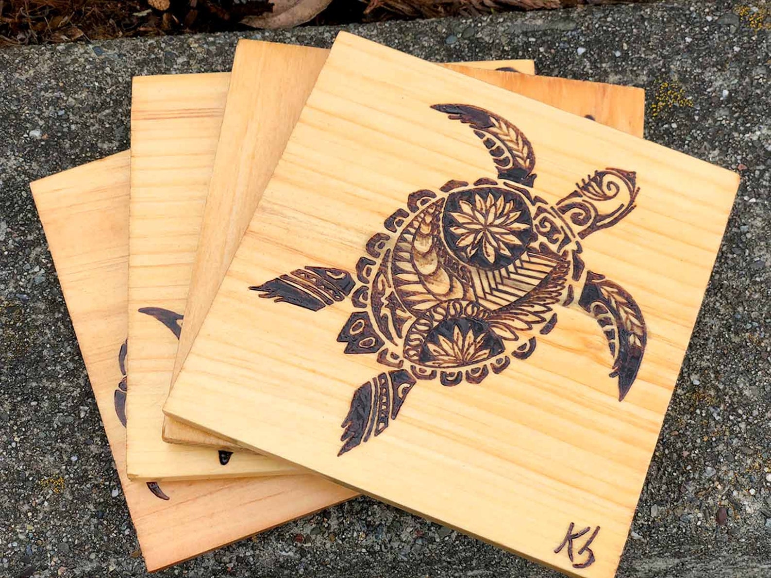Sea Creature Coasters Set of 4 Tribal Woodburn, Turtle, Shark, Crab ...
