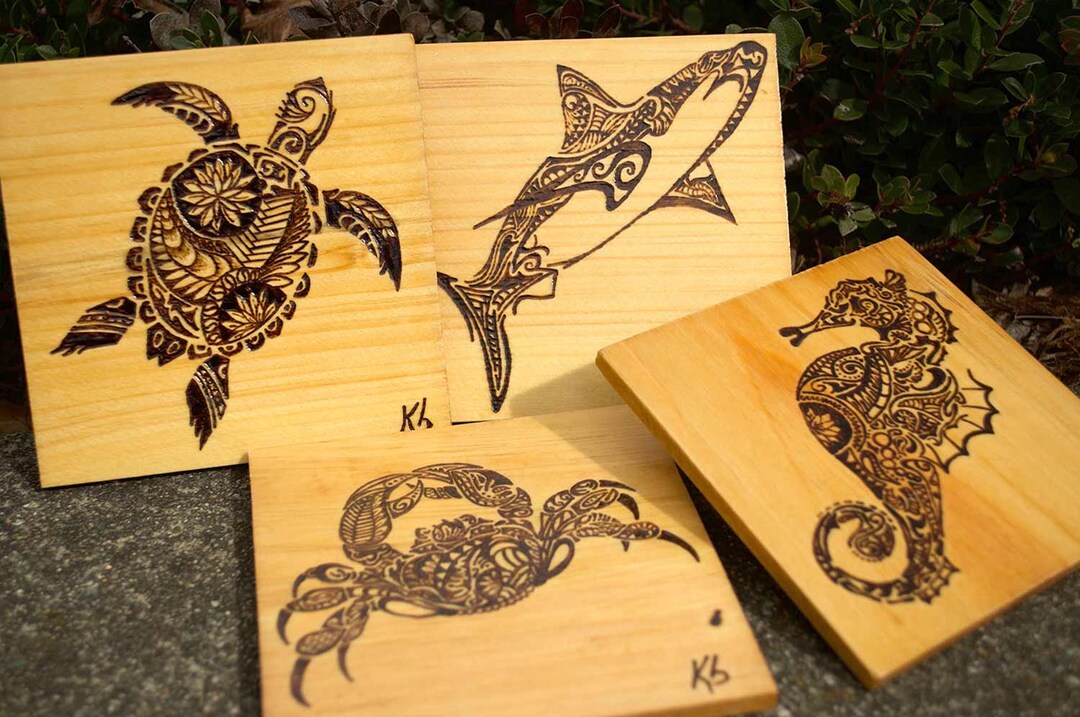 Sea Creature Coasters Set of 4 Tribal Woodburn, Turtle, Shark, Crab ...