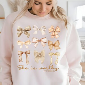 Tan Coquette Bow PNG - Christian Verse She is Worthy Proverbs 31 ...