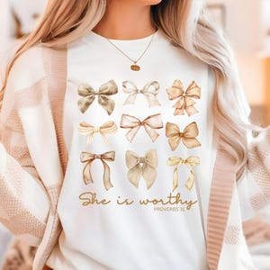 Tan Coquette Bow PNG - Christian Verse She is Worthy Proverbs 31 ...
