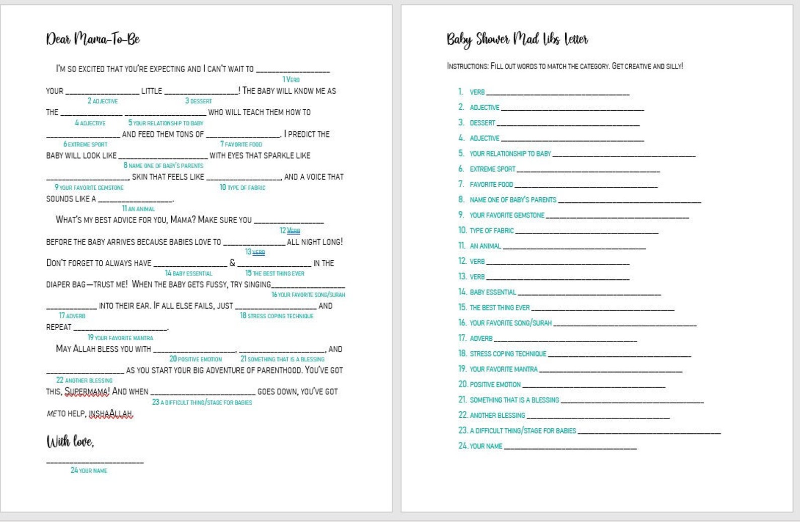 Mad Libs Letter Baby Shower Game islamic - Etsy