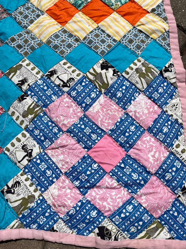 Vintage Hand Quilted Postage Stamp Quilt - Etsy