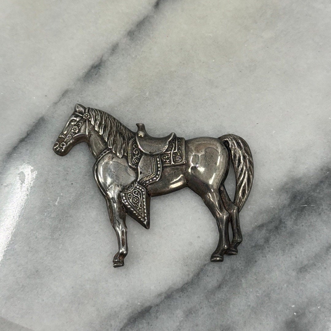 Vintage Sterling Silver Horse in Classic Western Saddle and Tack Brooch ...