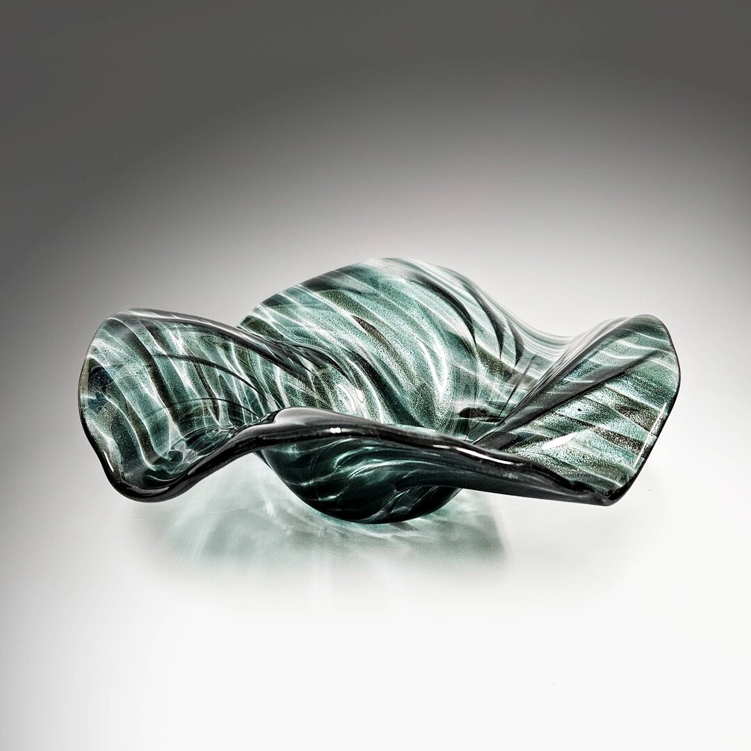Glass Art Wave Bowl in Dark Teal Bluish Green Modern Decorative Glass ...