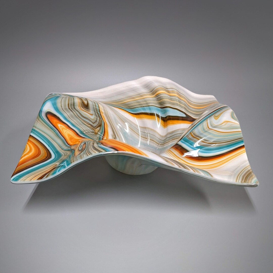 Glass Art Wave Bowl in Aqua Turquoise Orange Modern Square - Etsy