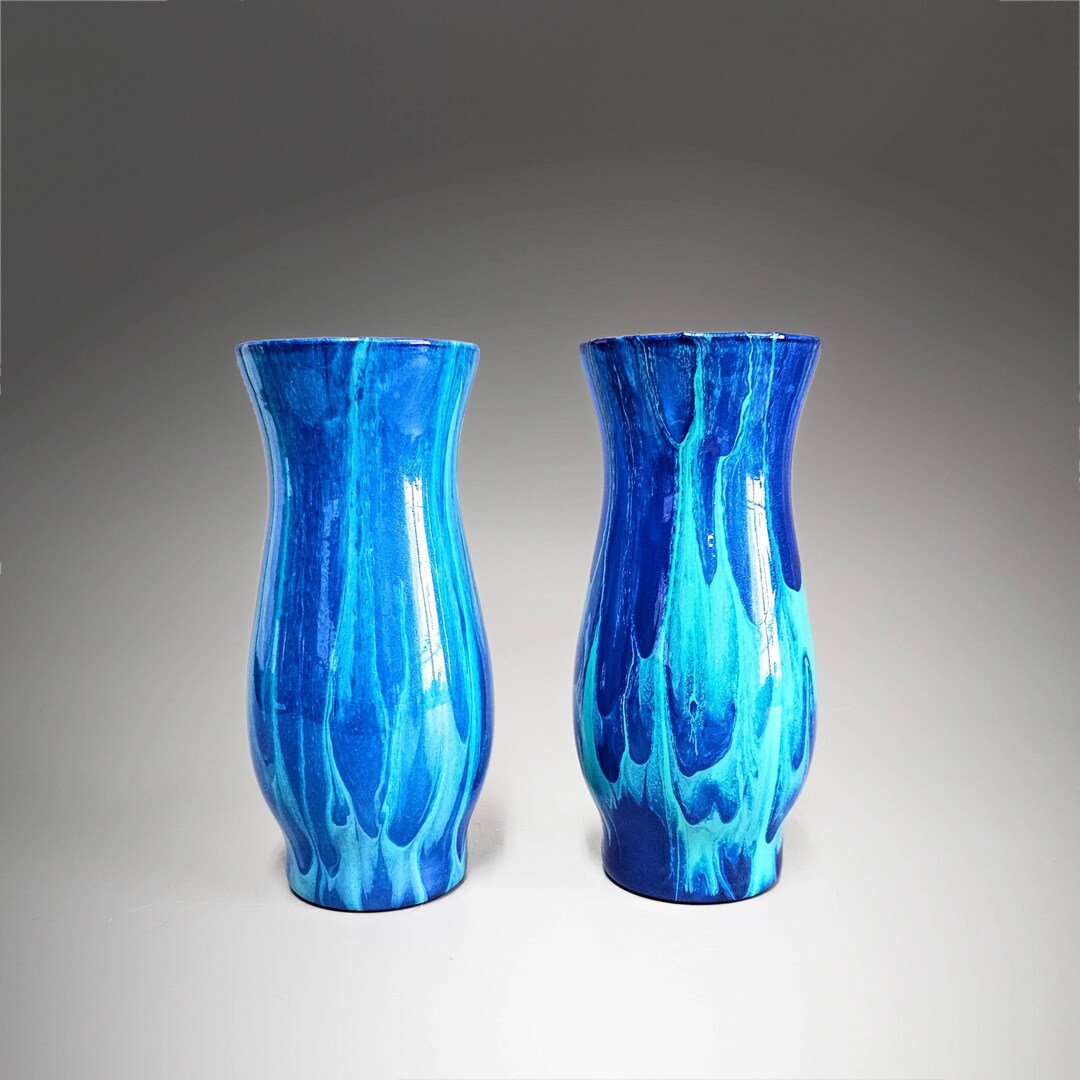 Painted Glass Art Vases in Aqua Navy Blue | Set of 2 Bud Vases | Fluid ...