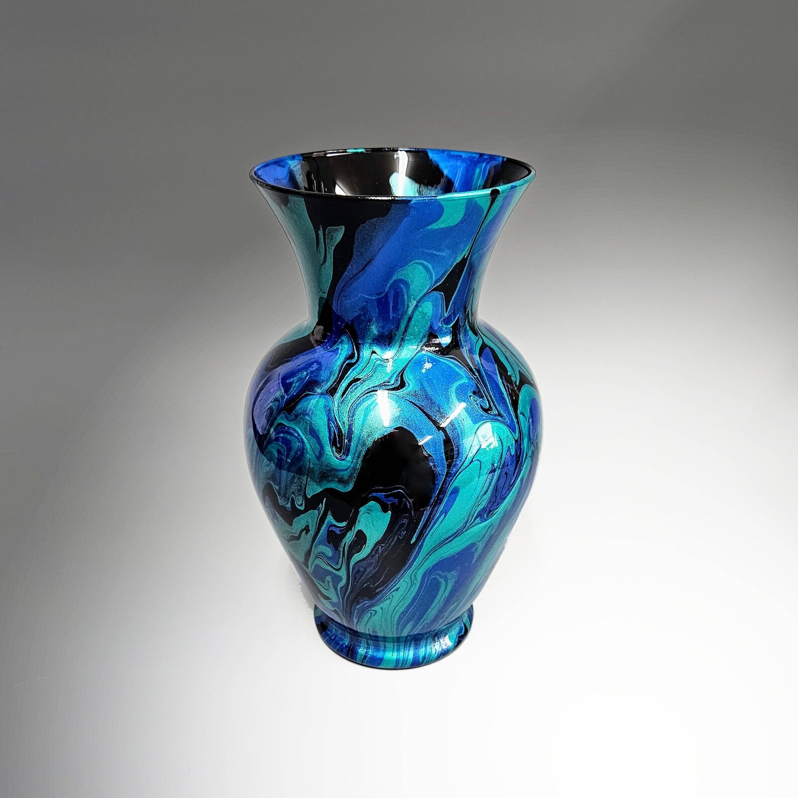 Hand-painted Glass Art Vase Centerpiece in Turquoise Teal Black Fluid ...