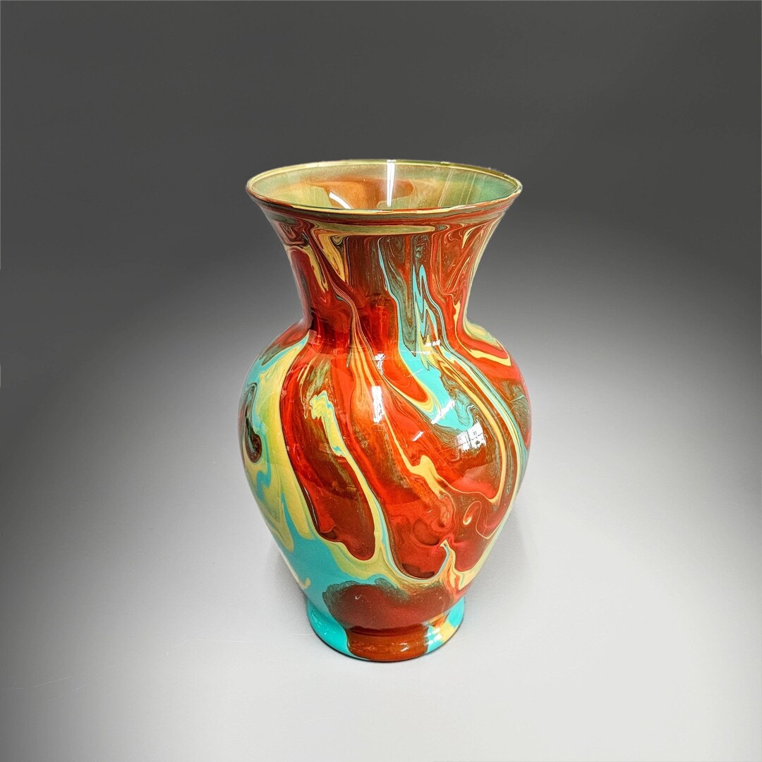 Fluid Art Vase in Turquoise Orange Tan Glass Art Acrylic Pour Painted ...