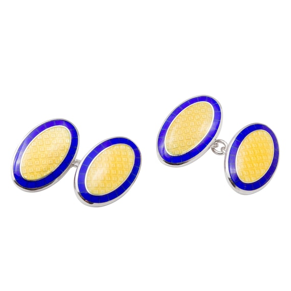 Navy Blue & Yellow Enamel Sterling Silver Double Oval - Etsy