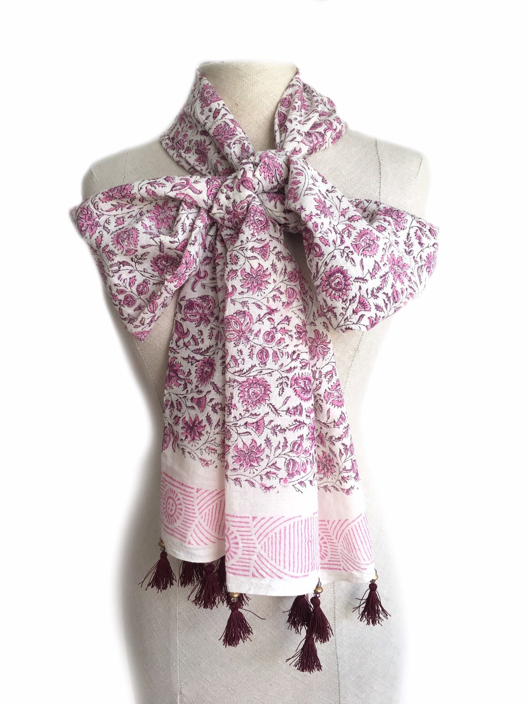 Block Print Cotton Scarf: Pink Floral Indian Scarf With Tassels - Etsy