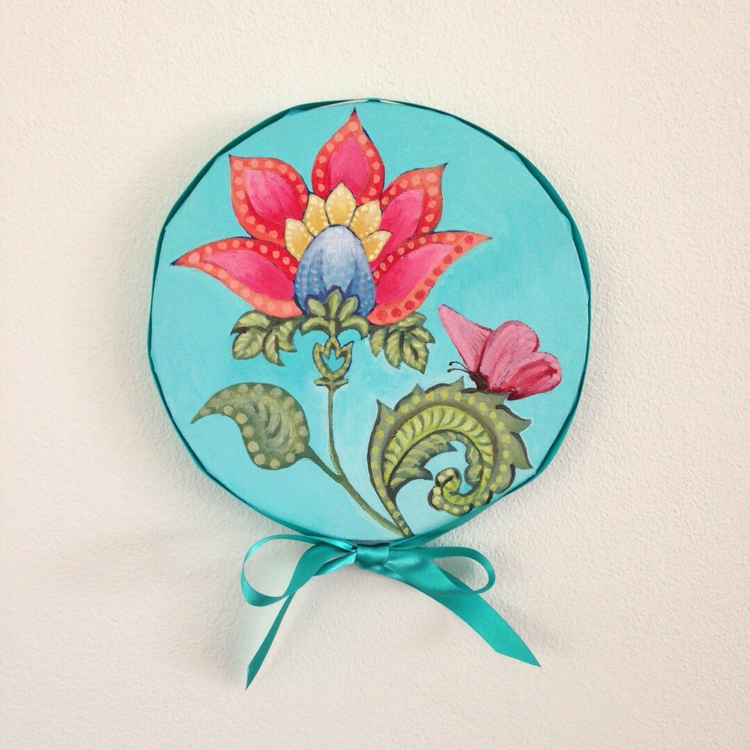 Small Round Acrylic Botanical Painting With Indian Flower, Vibrant ...
