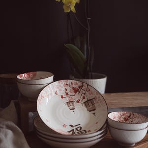 Japanese Chinese Ceramic Dinnerware Set Plates Bowls Spoons Tableware ...