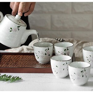 Japanese Chinese Spring Blossom Teapot & 5 Teacups Set With Stainless ...