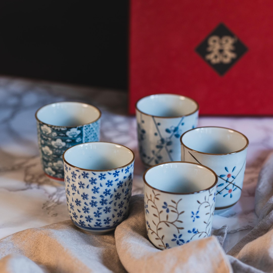Japanese Chinese Style Ceramic Tea Cup Gift Set - Set of 5 - Etsy