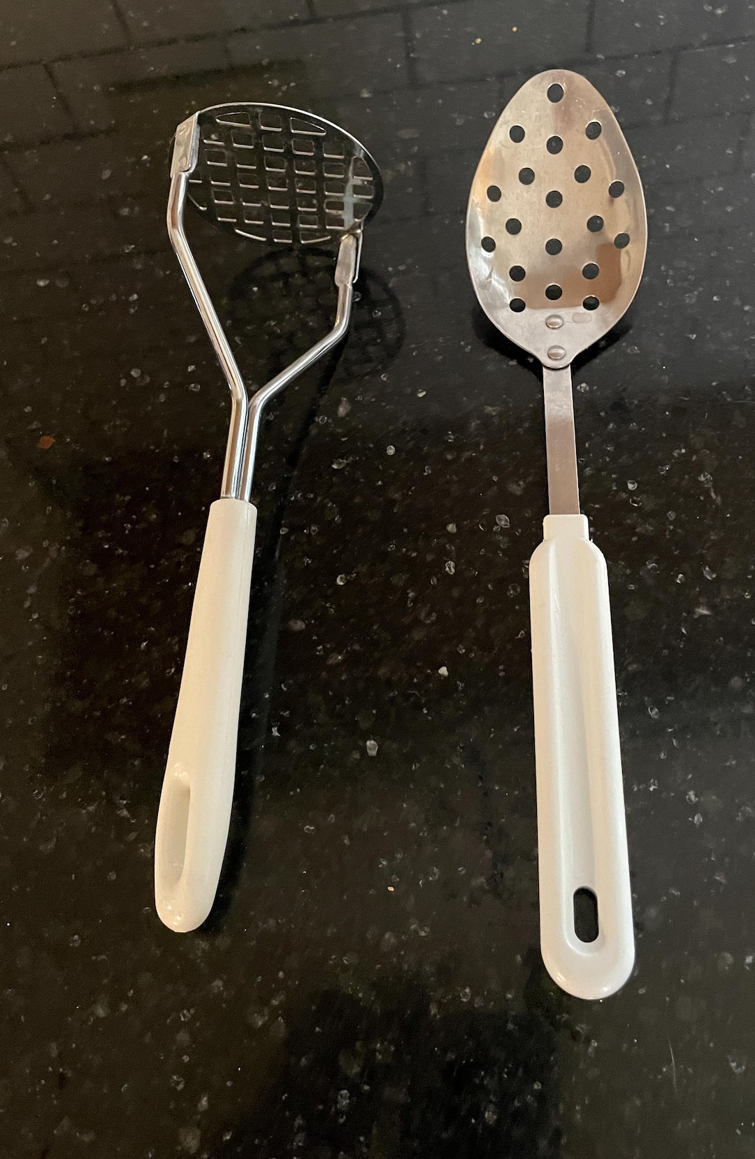 Vintage White Plastic Handle Kitchen Utensils Retro Kitchen Steel Set ...