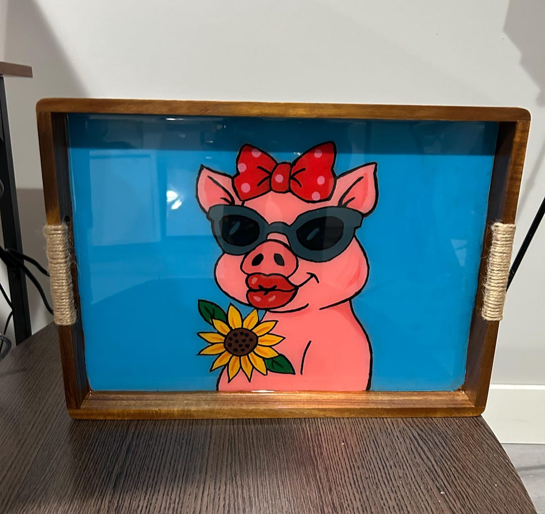 Sassy Pig Hand Painted Serving Tray Farm House Decor Chic Pink Artwork ...