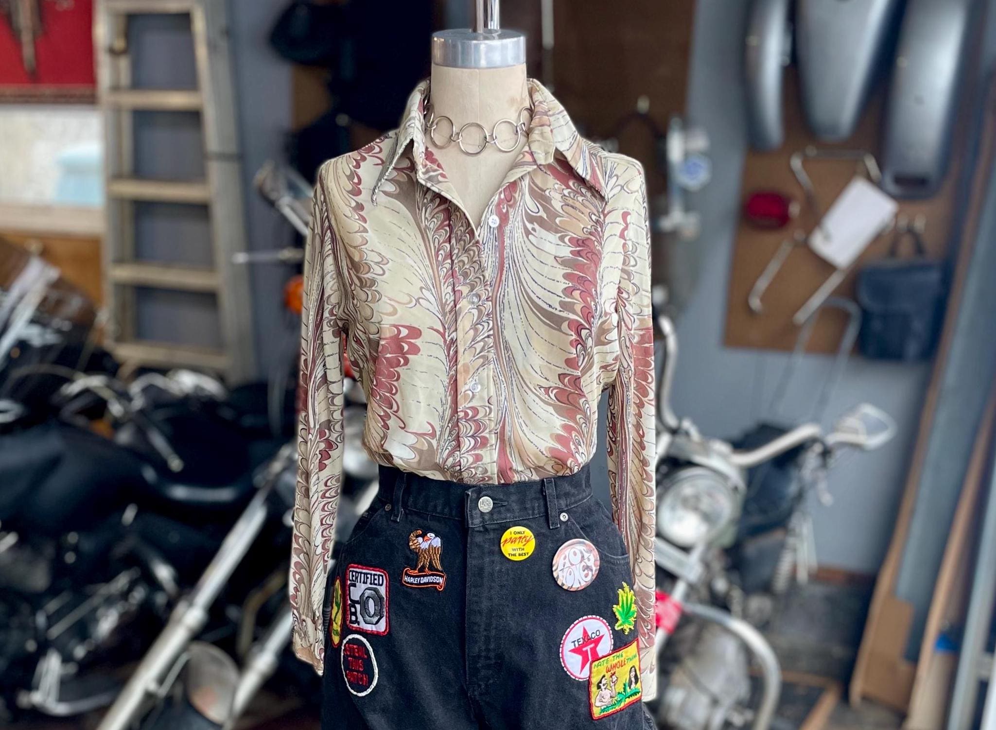 Vintage 1970 Sheer Brown Psychedelic Swirls Top with Disco Collar