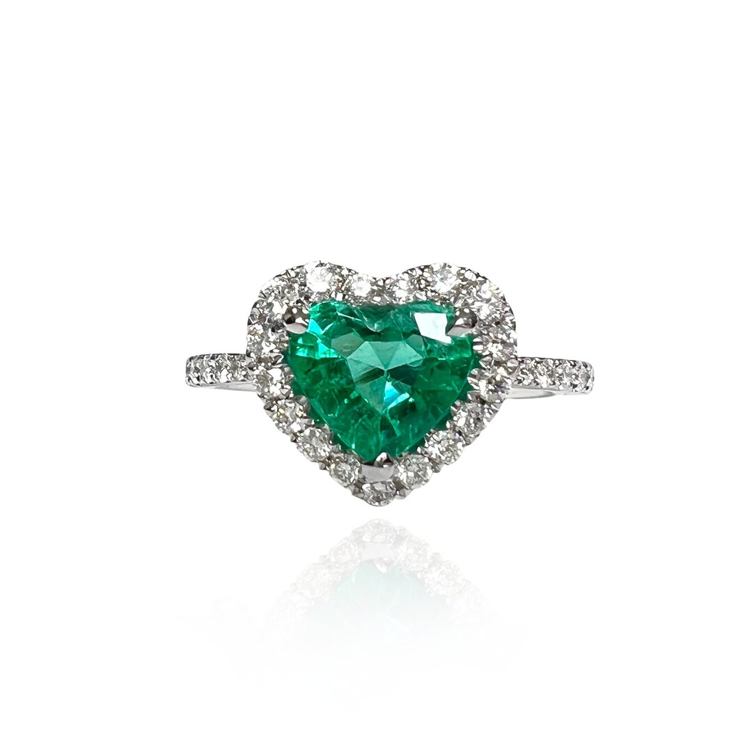 1.04 CTS Emerald Heart Ring, 18K White Gold, Emerald Heart, Diamond ...