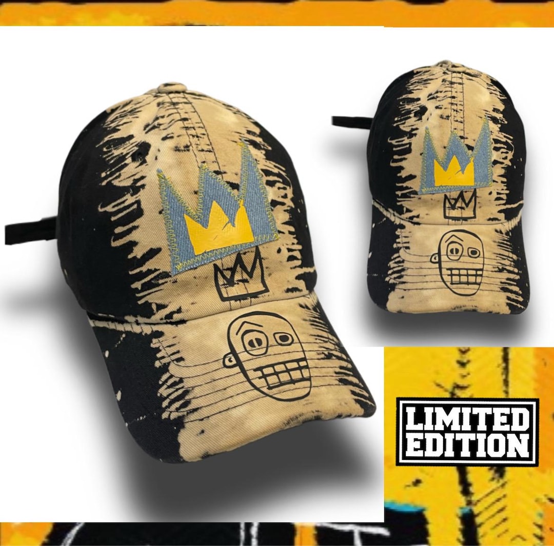 Custom Basquiat Inspired Denim Crown Embroidered Black Distressed Hat ...