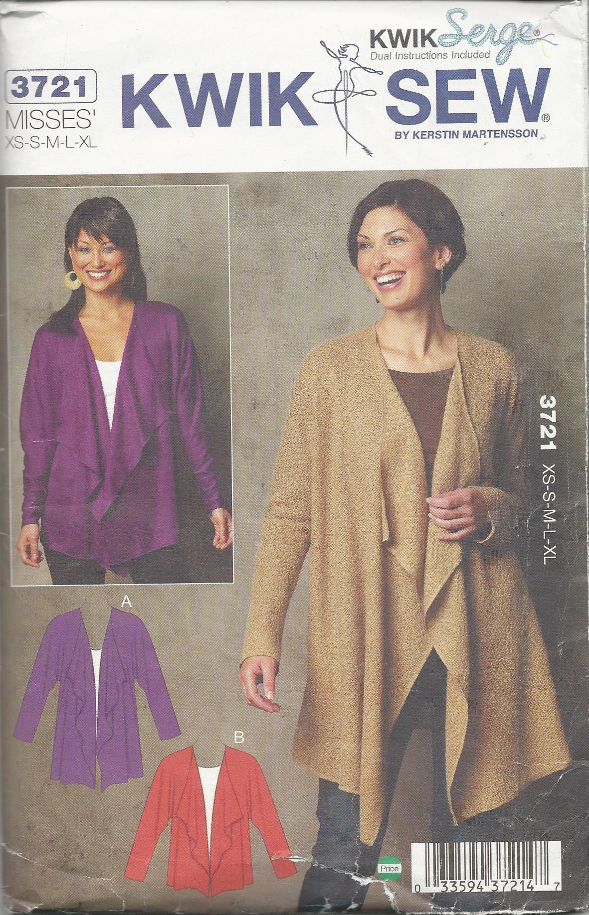 Ladies Jacket/ Sweater Sewing Pattern, Kwik Sew 3721 Ladies Cardigan ...