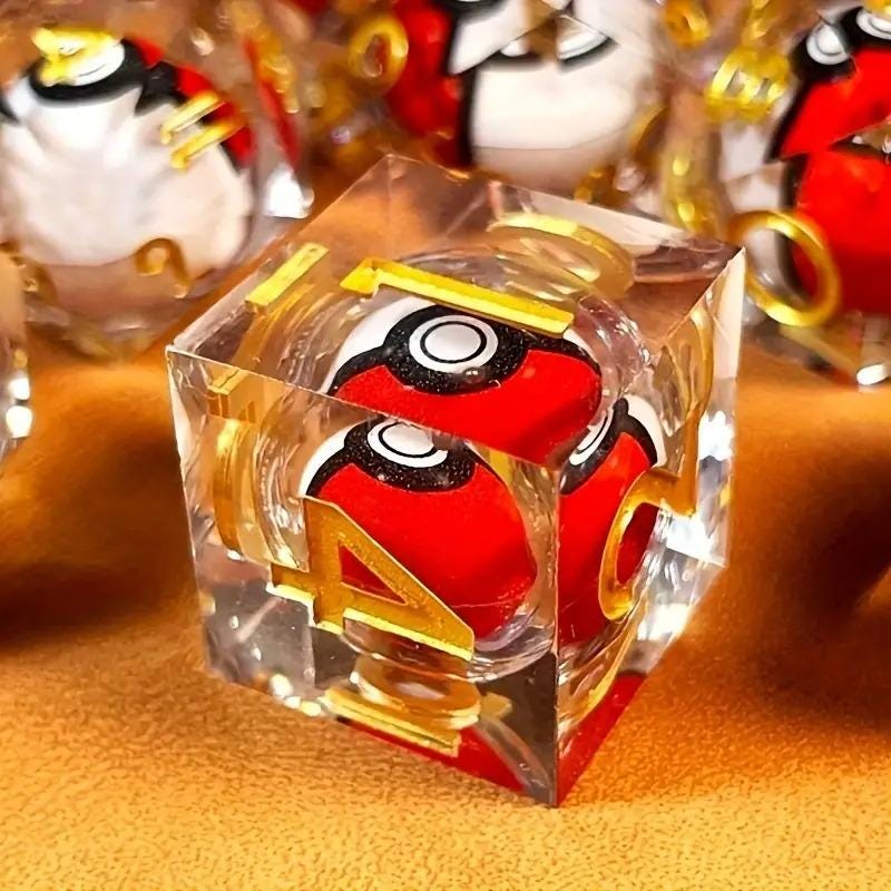 Set of 7 Premium Rolling Poké Ball Liquid Core Dice Flowing Snow Globe ...