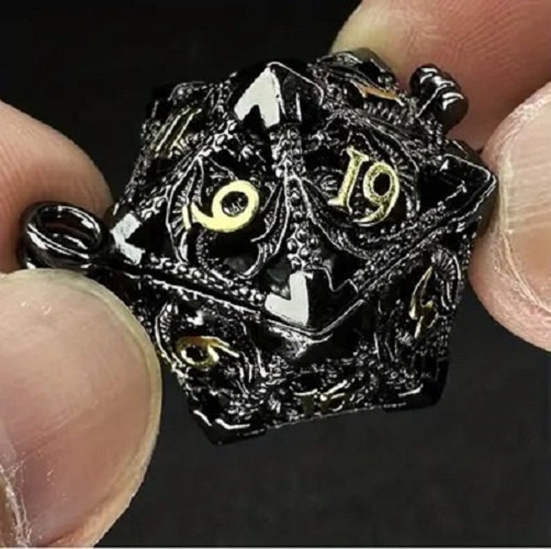 Full Metal Black Gold 20-sided Die D20 Container With 7 Metal Dice ...