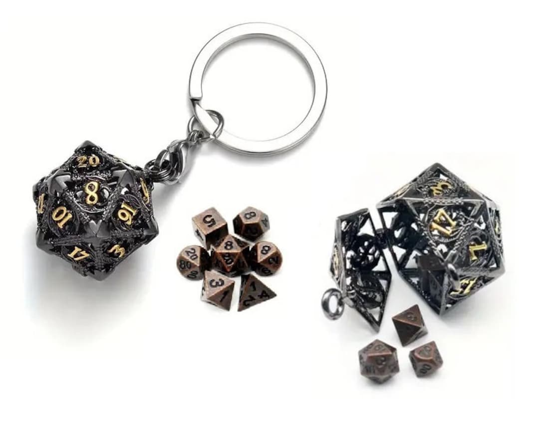 Full Metal Black Gold 20-sided Die D20 Container With 7 Metal Dice ...