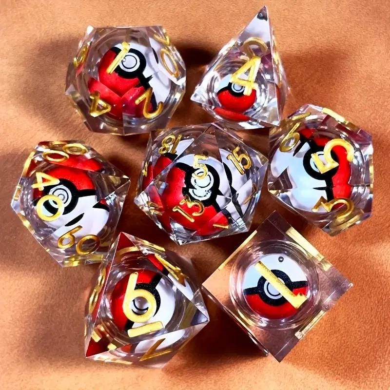 Set of 7 Premium Rolling Poké Ball Liquid Core Dice Flowing Snow Globe ...