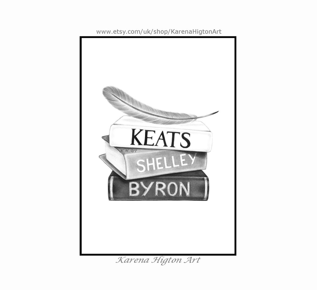 Poetry Book Stack Digital Download Print Romantics Quill Pencil Drawing ...