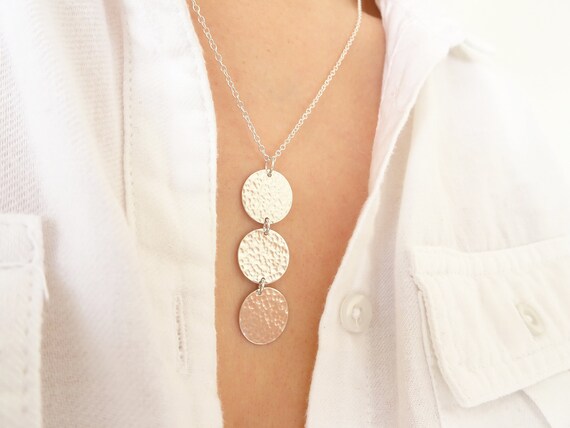 Silver Disc Pendant Necklace Sterling Silver Necklace Long | Etsy